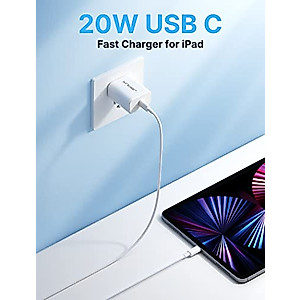 20W USB C Fast Charger Compatible with iPad Pro 12.9, iPad Pro 11 inch 2021/2020/2018, iPad Air 5th/4th 10.9 inch 2022/2020, iPad Mini 6, PD Wall Charger with 6.6FT USB C to C Charging Cable