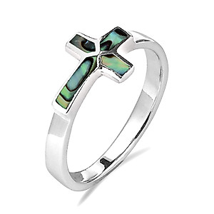 AeraVida Sideways Cross Rainbow Abalone Shell .925 Sterling Silver Ring | Classic Wedding Rings For Women | Religious Ornament Silver Rings for Women | Sterling Silver Rings Sizes (8)