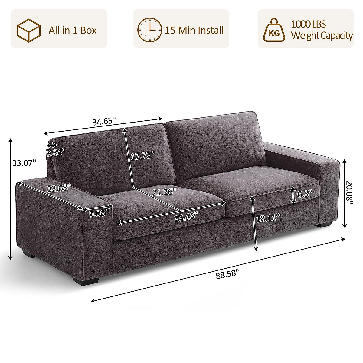 EASELAND 88" Chenille Loveseat Sofa for Living Room, Modern Deep Seat Sofa Couch with Removable Back and Seat Cushions, Comfy Sofa with Wood Legs and Armrest(Dark Grey)