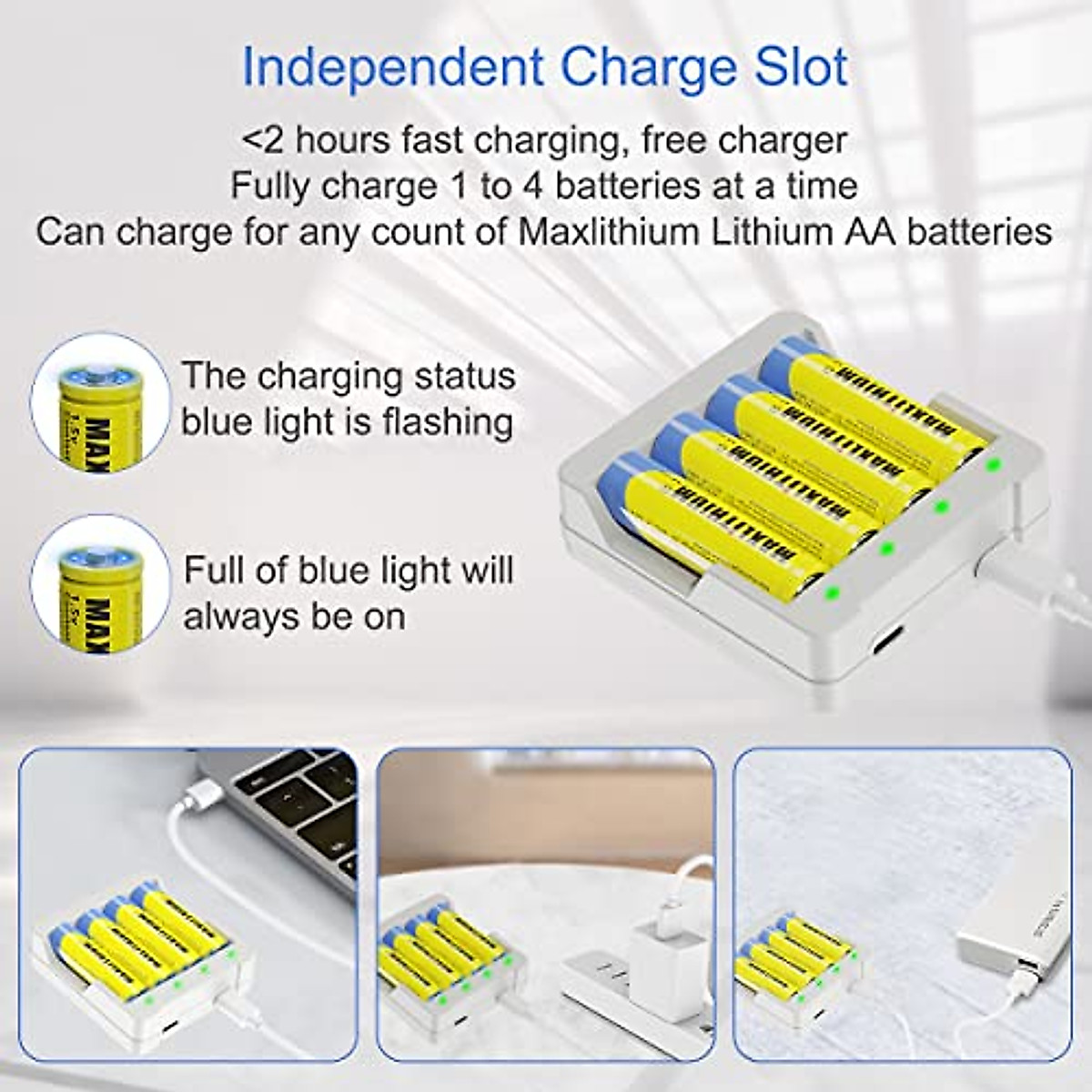 maxlithium 1.5V AA Lithium Rechargeable Batteries 2520mWh, 1500 Cycles Lithium AA Batteries Rechargeable with 2H Fast Charging, 4 Count with Charger