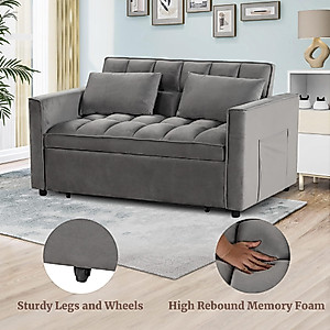 EBELLO 3 in 1 Convertible Sleeper Sofa Bed, Modern Velvet Loveseat Futon Couch Pullout Bed with Side Storage Pockets and Pillows, Small Love Seat Lounge Sofa Bed for Small Space, Living Room, Grey