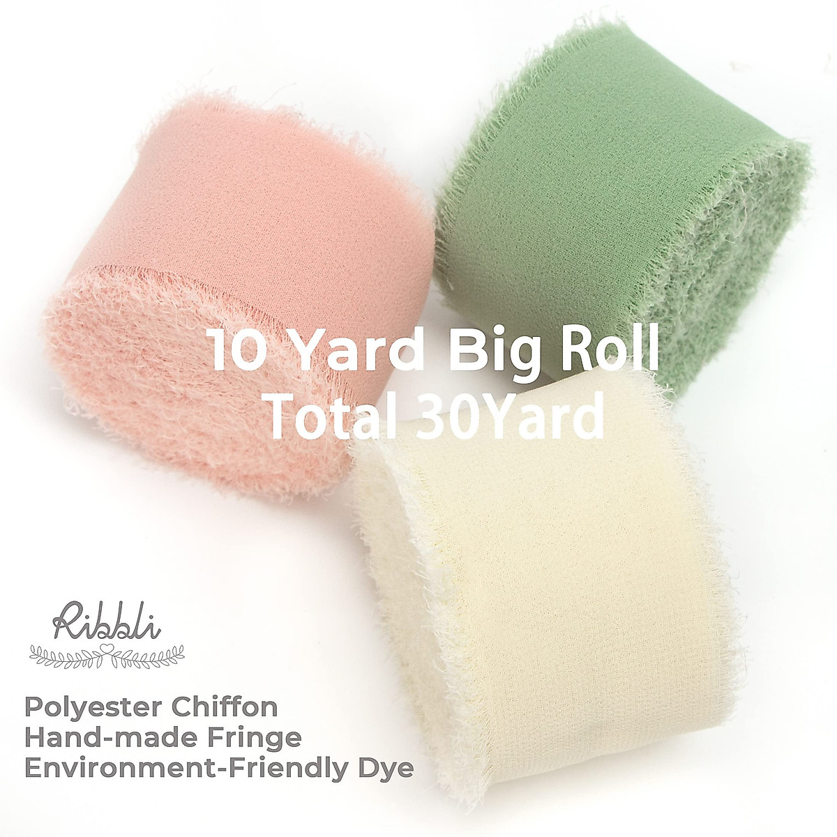 Ribbli Chiffon Ribbon 1.5 inch x 30 Yard Handmade Silk Ribbon, Ivory/Blush Pink/Sage Green Fringe Chiffon Ribbon for Wedding Invitations, Bridal Bouquets Wrapping, Flower Arrangement Decoration