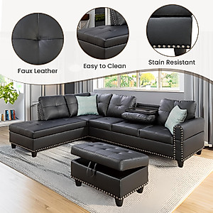 Yafylly L Shaped Sectional Couch, Living Room Furniture Set with Storage Ottoman, Deep Seat Modular Sofa with 2 Cup Holders, 2 Throw Pillows for Large Space, Black