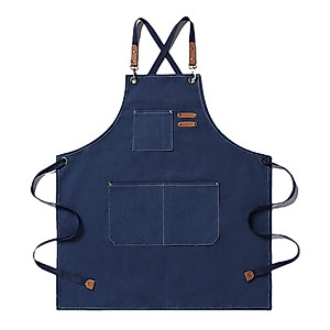 Cotton Canvas Apron Cross Back Apron with Pockets for Women and Men,Kitchen Cooking Baking Bib Apron Chef Apron (Blue)