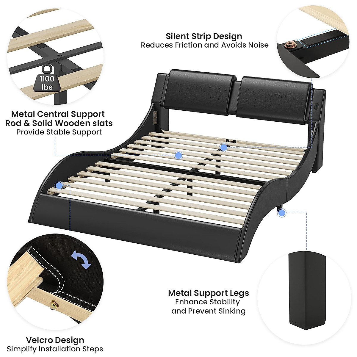 DICTAC Queen Bed Frame with Led Lights and Charging Ports Modern Faux Leather Upholstered Queen Size Platform Bed with Headboard Wave Like Curve Low Profile Bed,Wood Slats Support,Easy Assembly,Black