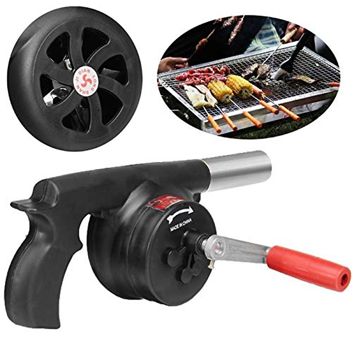 Esweny Outdoor Cooking BBQ Fan Air Blower,Mini Hand Crank Fan Air Blower Grill Picnic Camping Stove Accessories for Barbecue Fire Bellows Hand Crank Tool (Black)