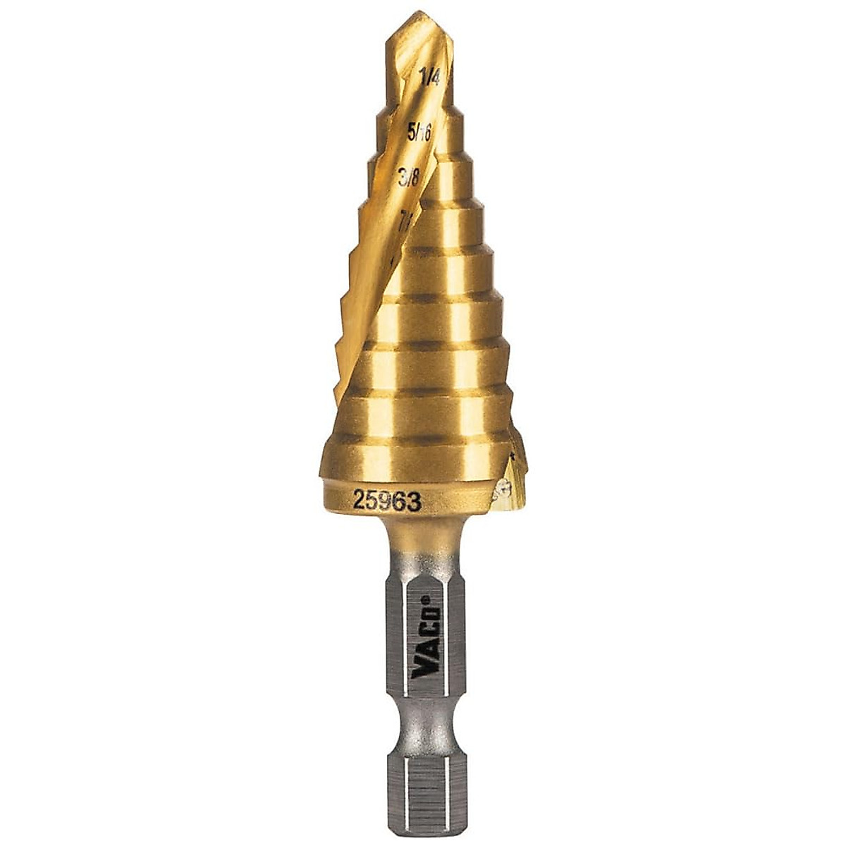 Klein Tools 25963 Step Drill Bit, 1/4 to 3/4-Inch, Spiral Double-Fluted, Cuts Thin Metal, Plastic, Aluminum, Wood, 1/4-Inch Hex Shank, VACO