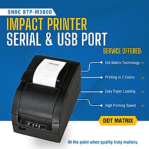 SNBC BTP-M300D Impact USB and Serial Port POS Receipt Printer Black 132084 Manual Cutter