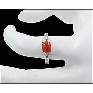 925 Sterling Silver Natural Red Coral 8X6 MM Oval Cut May Birthstone Solitaire Unisex Proposal Ring Engagement Gift For Bridal (Yellow Gold Rhodium Plated Silver, 6.5)
