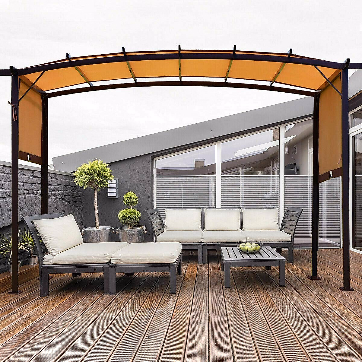 CJ Online Shop 12' x 9' Pergola Kit Metal Frame Gazebo & Canopy Cover Patio Furniture Shelter Indoor Outdoor Home Garden Modern Sun-Proof Fireproof Polyester Water Resistant