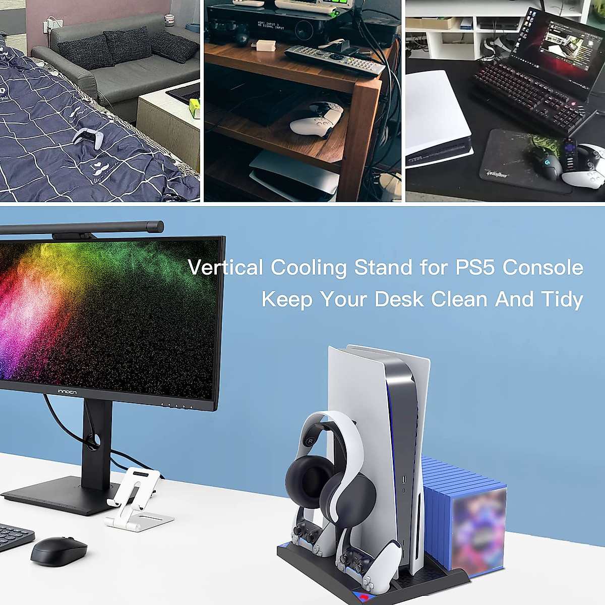 Goluodck PS5 Stand with Suction Cooling Fan and Dual Controller Charger Station for Playstation 5 PS5 Console, Suction Cooler Fan with Charging Dock Station and 12 Games Storage