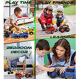 Mozlly Friction Powered Emergency Tow Truck Toys Set of 3 - Assorted Color Towing Trucks with Big Racing Monster Trucks & Bulldozer, Interactive Sound & Light - 3 Pack