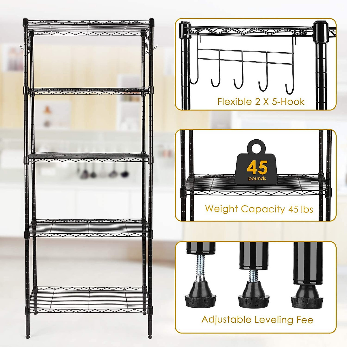 LEHOM 5-Tier Metal Storage Shelves 23.63" L×13.78" W×59.1" H Wire Shelving Unit Storage with Adjustable Leveling Feet for Laundry Bathroom Kitchen,Steel Organizer Wire Rack 220 LBS Capacity