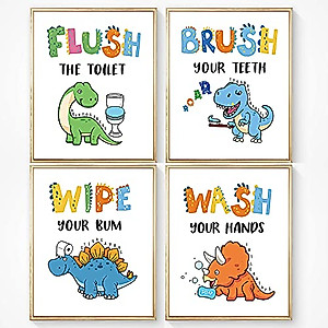Dinosaur Bathroom Decor, Funny Dinosaur Themed Bathroom Inspirational Quotes Art Print Humorous Quotes Painting, Toilet Rules Art Picture for Kids Nursery Washroom Bathroom Decor, Set of 4 (8”X10”), Unframed