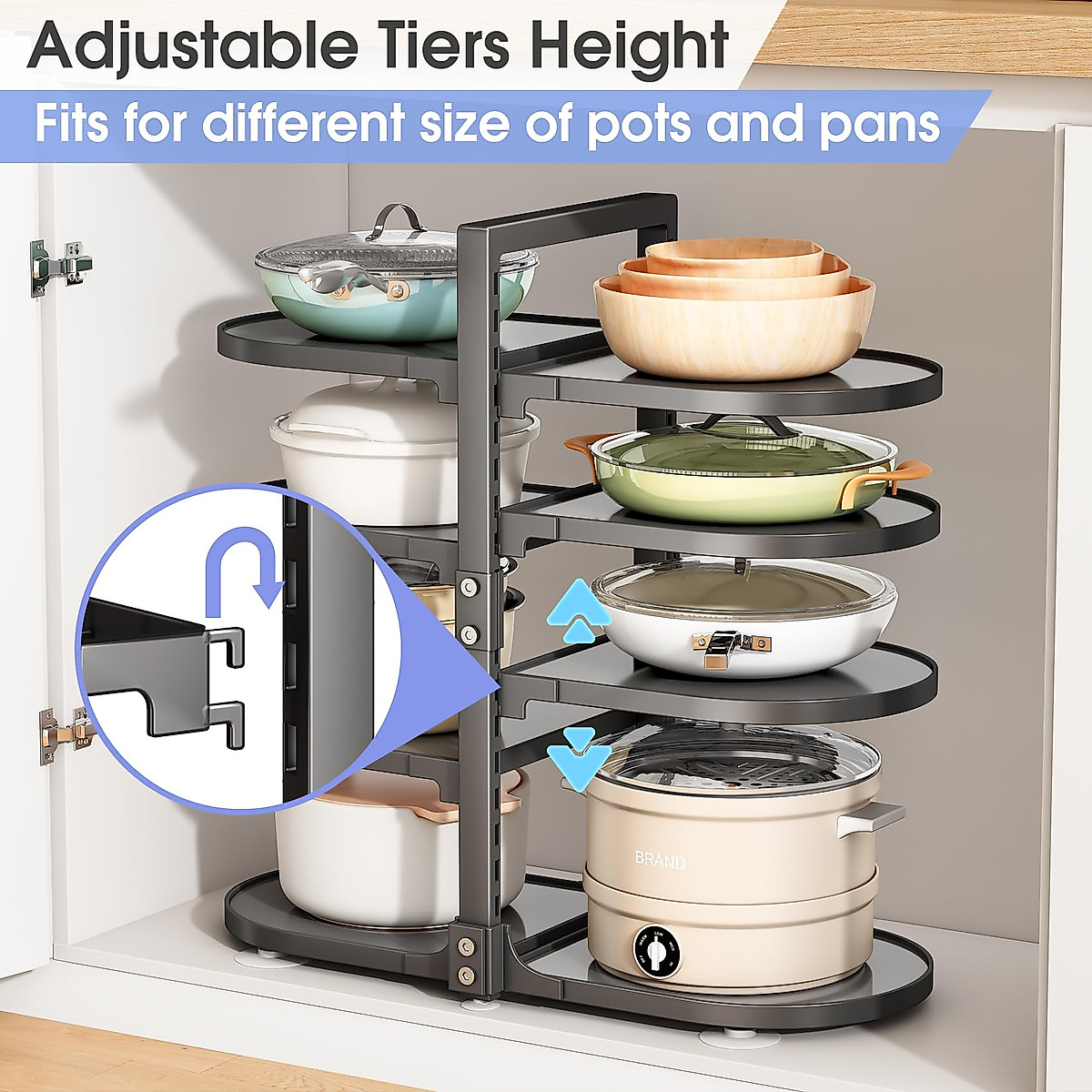 Pots and Pans Organizer for Cabinet, 8 Tier Snap-on and Adjustable Pan Organizer Rack for Under Cabinet, Pot Organizer for Kitchen Storage, Pot Lid Organizer with Panels (8 Tier, Round)