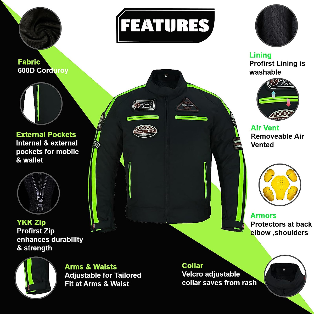 PROFIRST Motorbike Men’s Riding Jacket Motorcycle Jacket for Men Waterproof Jacket CE Armored Protection (US, Alpha, XX-Large, Regular, Regular, Green)