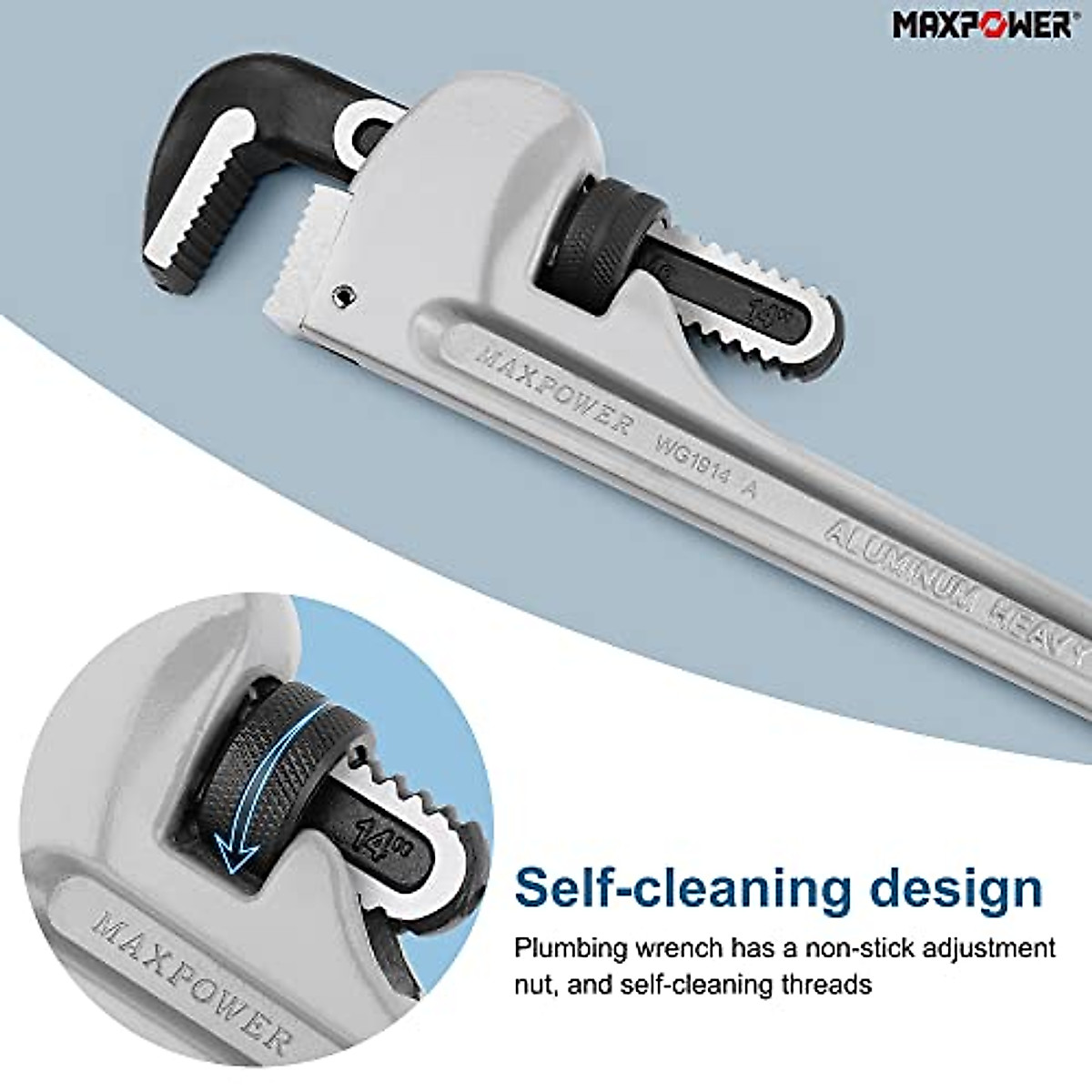 MAXPOWER 14-Inch Pipe Wrench, 40% Lighter Aluminum Plumbing Wrench, Heavy Duty Straight Pipe Wrenches Jaw Max Capacity 2 inch