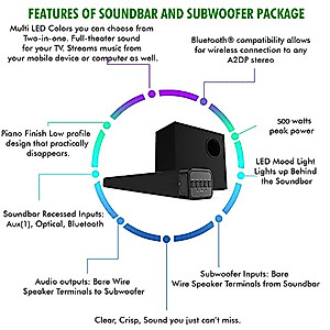 Technical Pro 500 Watts LED Color Changing Soundbar with Subwoofer | Powerful Sound Bar for TV, Home Theatre | Bluetooth Enabled, Black