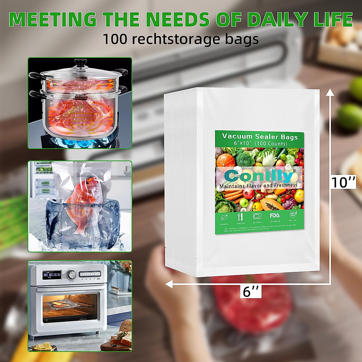 Conilly Vacuum Sealer Bags,100 Quart Size 6" X 10" Commercial Grade Sealer Bag, Bpa Free, Heavy Duty, Puncture Prevention, Great for Food Storage, Meal Prep or Sous Vide Cooking