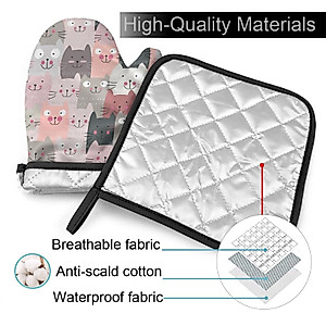 Oplp Funny Pink Cute Cats 3 Piece Kitchen Set Waterproof Apron with Oven Mitt and Pot Holder Cooking Adjustable Apron Microwave Glove Potholder