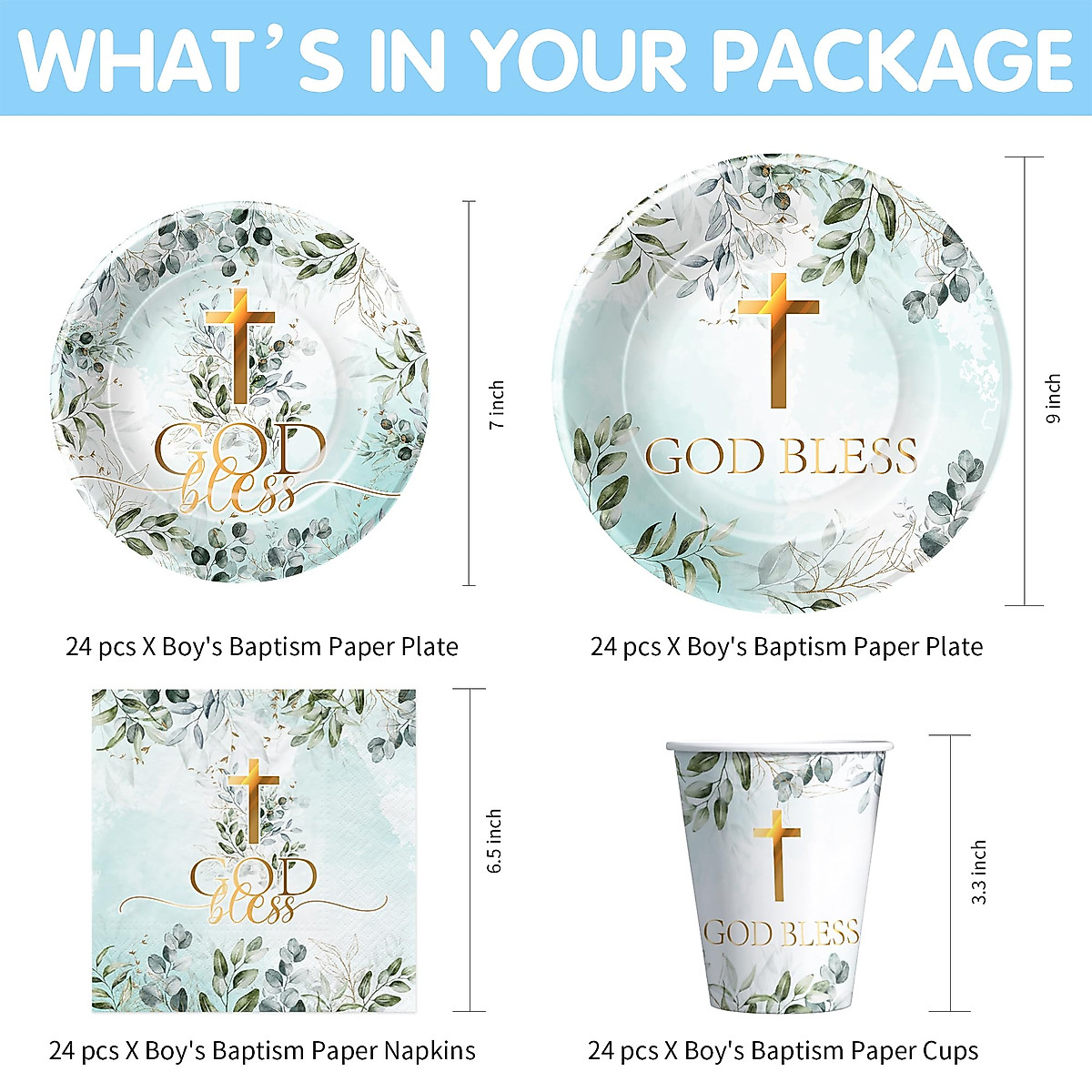 Suhelkit First Communion Decorations Tableware Boy - God Bless Baptism Plate, Cup, Napkin, Tablecloth, Cutlery, Mi Bautizo Eucalyptus Leaves Sage For Christening Baby Shower Religious Party | Serve 24