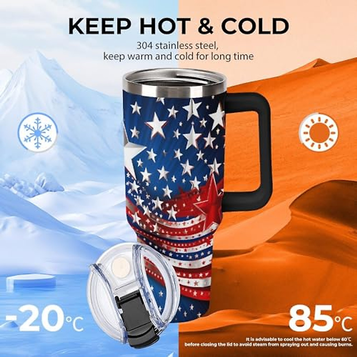 Independence Day U.S. Stars 40 Oz Stainless Steel Cup Travel Tumbler with Handle and Straw Lightweight Coffee Mug for Home Office