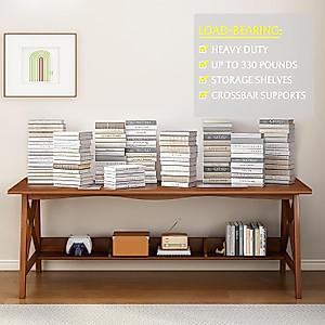 NELYE Extra Long Desk with Bookshelf - Solid Wood Home Office Work Study Table, 2-Person Writing Computer Workstation with Storage Shelf in Walnut, 71" Wx20 Dx30 H