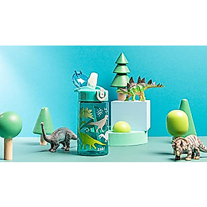 Zak Designs Kids Water Bottle For School or Travel, 16oz Durable Plastic Water Bottle With Straw, Handle, and Leak-Proof, Pop-Up Spout Cover (Dinosaur)