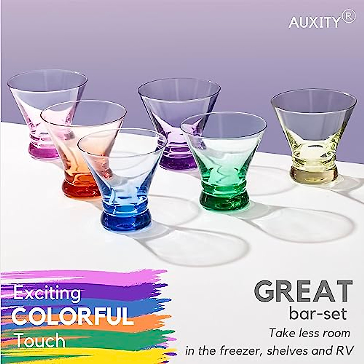 ColoVie Martini Glasses Set of 6(8oz) - Stemless Martini Glass- Colored Cocktail Glasses - Margarita Glasses - Espresso Martini Glass Cups- Home Bar - Party,Birthday,Housewarming Gift