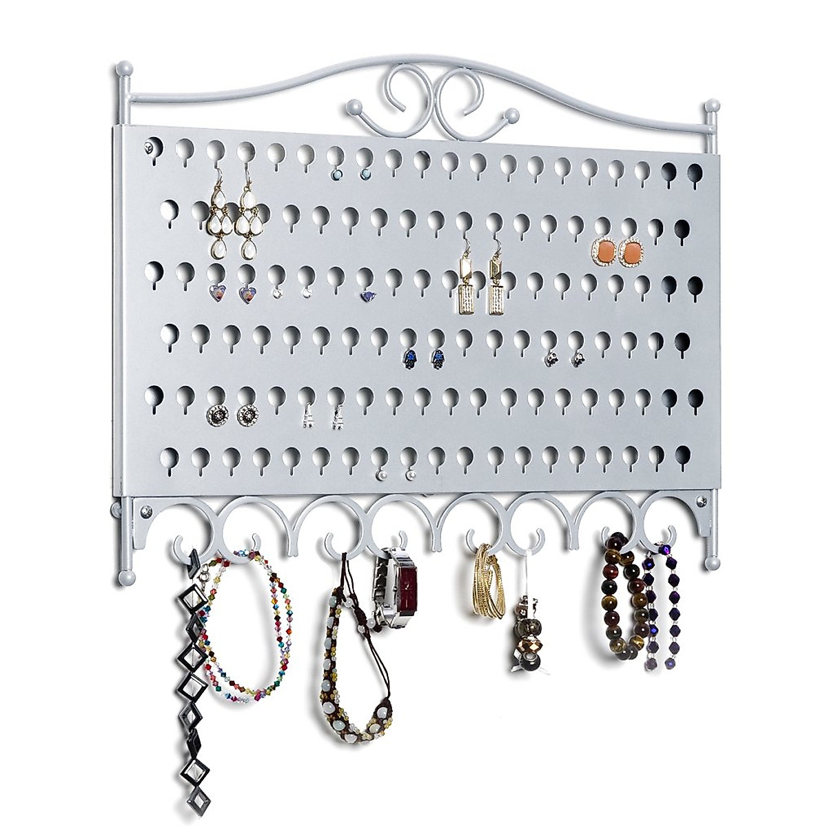 Mango Steam Wall Mounted Closet/Wardrobe Display Hanger Organizer for Jewelry & Earrings With Hooks for Necklaces, Bracelets, Accessories - Silver