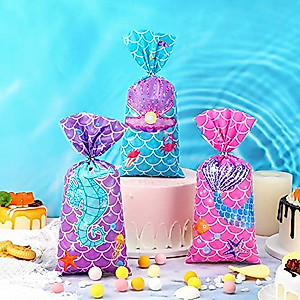 Hotop 100 PCS Mermaid Cellophane Bags Mermaid Gift Treat Bags Mermaid Goodie Candy Bags 150 Ties Mermaid Party Favor Bags Birthday Party Decorations Supplies Mermaid Theme Baby Shower Party Serves