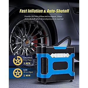 Tire Inflator Portable Air Compressor, Air Pump for Car Tires 12V DC Car Tire Pump with Digital Pressure Gauge, 150PSI Car Air Pump with Emergency LED Light for Cars, Bikes, Balls, and Others - Blue