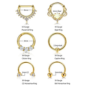 ORAZIO 6PCS 16G 316L Stainless Steel Septum Hoop Nose Ring Horseshoe Rings Cartilage Clicker Piercing Jewelry Gold-Tone