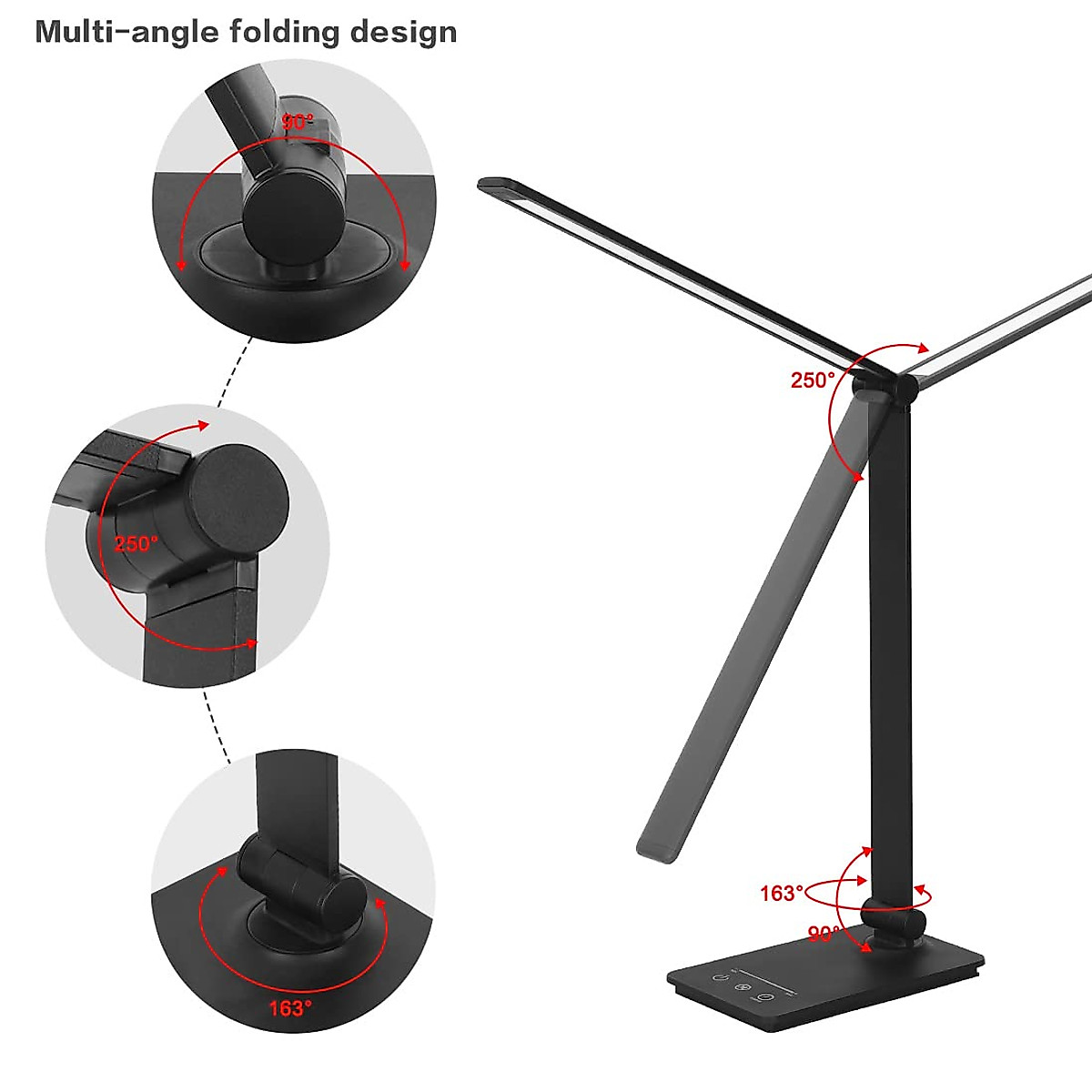 Starkitchen Desk Lamp with USB Charging Port Folding Office Lamp Touch Control 5 Kinds of Lighting Modes Can be Timed (Black)