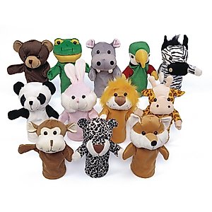 Excellerations Plush Imaginative Play Animal Hand Puppets, Set of 12, Educational Toy, Preschool Classroom, Home School