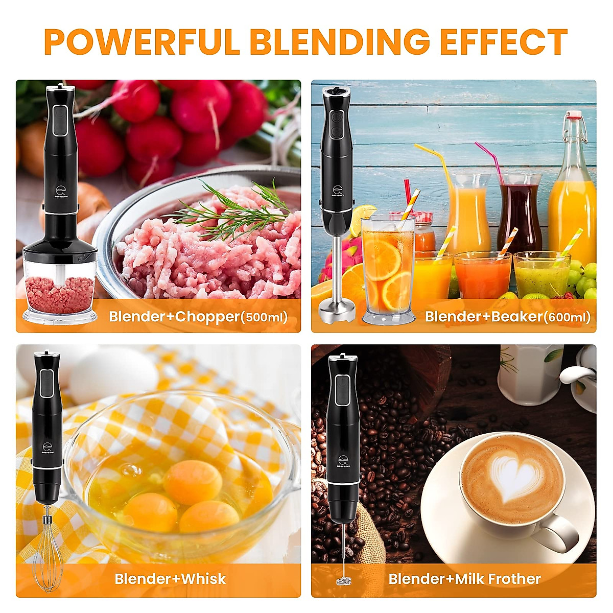 Immersion Blender Handheld,1200W 12-Speed Hand Blender, 5 in 1 Emersion Stick Blender Electric, 600ml Beaker, 500ml Chopper, Egg Whisk, Milk Frother, Black