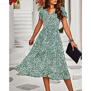 BTFBM Women Casual Summer Short Ruffles Tiered Sleeve Smocked Midi Dresses Bohemian Floral V Neck Wedding Guest Long Dresses