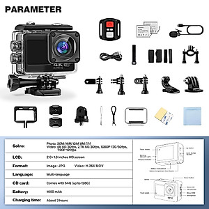 4K Action Camera, Sports Video Camera WiFi with Touch Screen Dual Screen 131FT Underwater Camera Waterproof, EIS 2.0, 170° Wide Angle, Zoom, 2 Batteries and Accessory Kits for Vlog