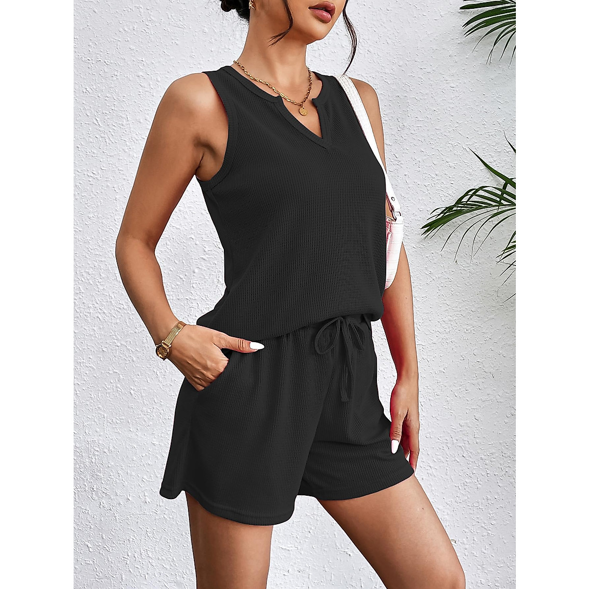 Ekouaer Pajamas Tank Top and Shorts Lounge Sets Waffle Knit V Neck Pj Short Sets Casual Outfits for Women Black X-Large