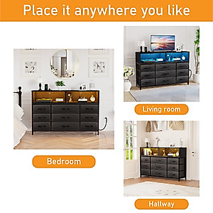 eiskah Black Dresser for Bedroom, 9 Drawers Led Dresser TV Stand with Power Outlets and LED Lights, Long Fabric Dressers Wide Chest of Drawers with Large Organizer for Living Room, Entryway, Hallway