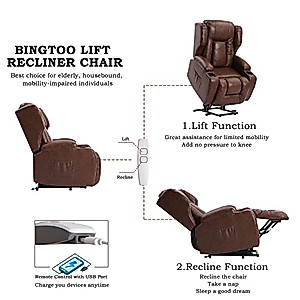 BINGTOO Electric Power Recliner Chair with Massage and Heat Recliner Chairs for Adults, Leather Home Theater Seating with Lumbar Pillow, Cup Holders, USB Port