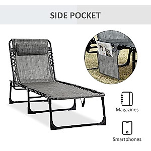 Outsunny Reclining Chaise Lounge Chair, Portable Sun Lounger, Folding Camping Cot, with Adjustable Backrest and Removable Pillow, for Patio, Garden, Beach, Grey