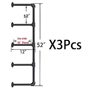 Tianman Industrial Wall Mount Iron Pipe Shelf Shelves Shelving Bracket Vintage Retro Black DIY Open Bookshelf DIY Storage offcie Room Kitchen Shelves (3Pcs,52" Tall,12" deep)