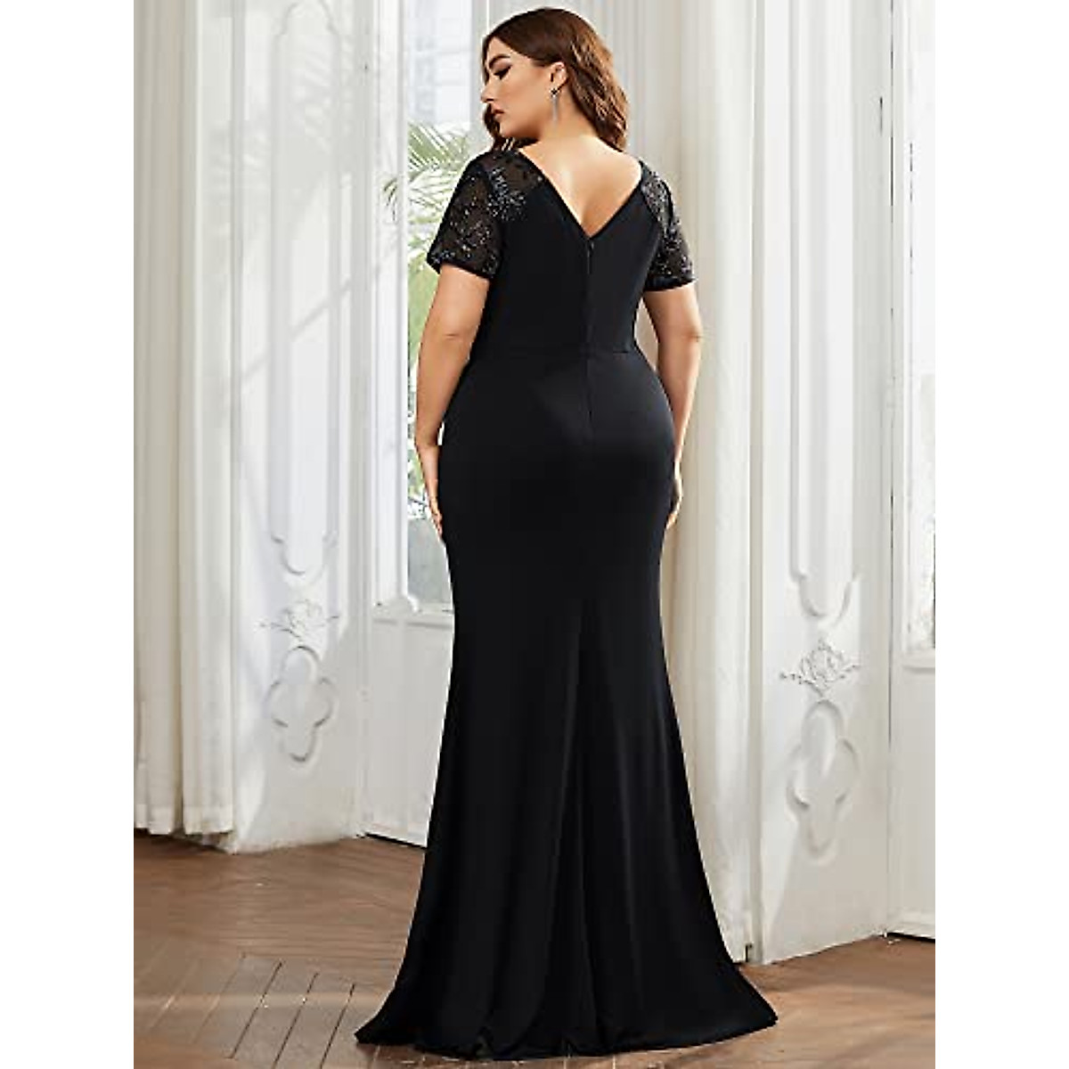 Ever-Pretty Plus Women's Double V-Neck Sequins Pleated Formal Dresses Plus Size Dresses for Curvy Women Black US24