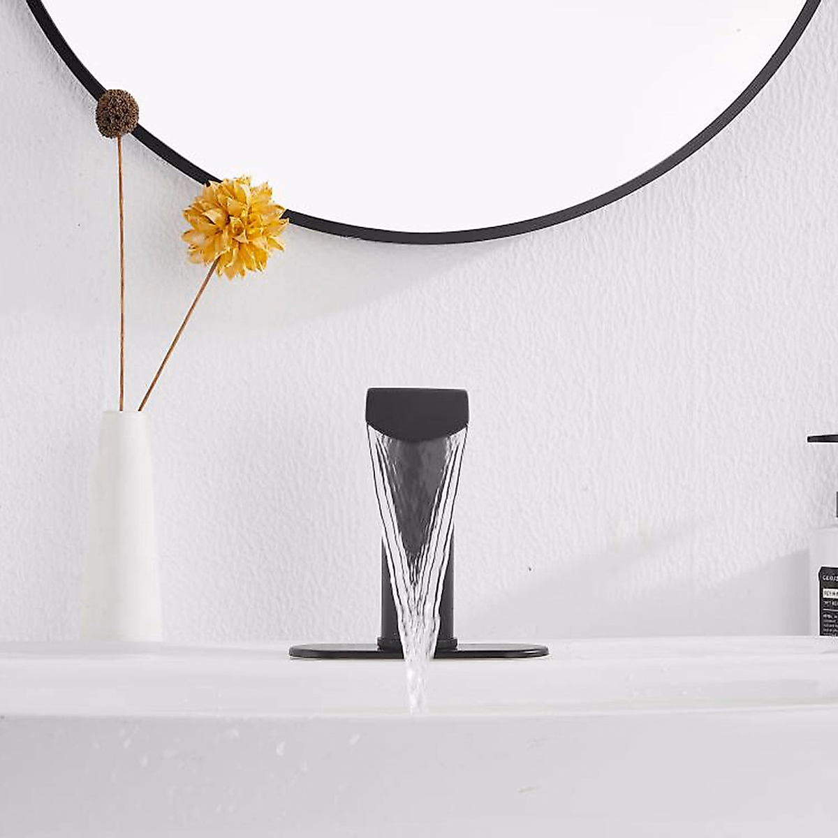 GGStudy Matte Black Automatic Sensor Touchless Bathroom Sink Faucet with Cover Plate Vanity Faucets Hands Free Waterfall Bathroom Water Tap