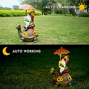 Seegarden Garden Statue Gnome Cute - Large Outdoor Gnome Statue Sculptures with Solar Lights, Resin Gnome Figurine Sitting on Turtle with Umbrella for Home Patio Yard Lawn Porch Decorations …