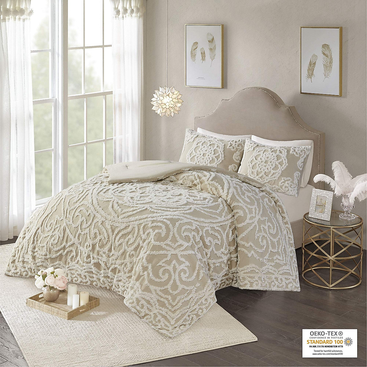 Madison Park Laetitia Comforter Bohemian Tufted Cotton Chenille, Medallion Shabby Chic All Season Down Alternative Bed Set with Matching Shams, Floral Taupe King/Cal King(104"x92") 3 Piece
