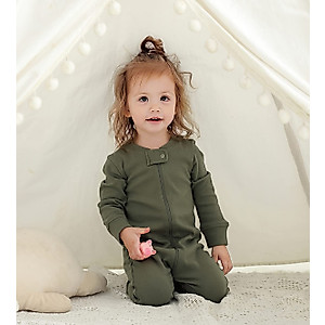 Owlivia Organic Cotton Baby Boy Girl Zip up Sleep N Play, Footless, Long Sleeve(12-18 Months, Dark Grey Melange & Olive Green)