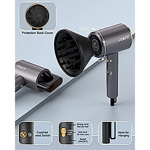 CENJOY Hair Dryer - Blow Dryer with Diffuser, 1875W Negative Ions Hairdryer for Fast Drying, Constant Temperature, 2 Heating/2 Speed/Cool Setting, Lightweight Compact Portable Quiet for Home, Travel