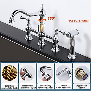 WOWOW 3 Hole Widespread Bathroom Faucet Chrome Bathroom Sink Faucets 2 Handle Bath Faucet 8 inch and 4 Hole Kitchen Faucet with Sprayer, 8 Inch Centerset Brass Bridge Kitchen Faucet